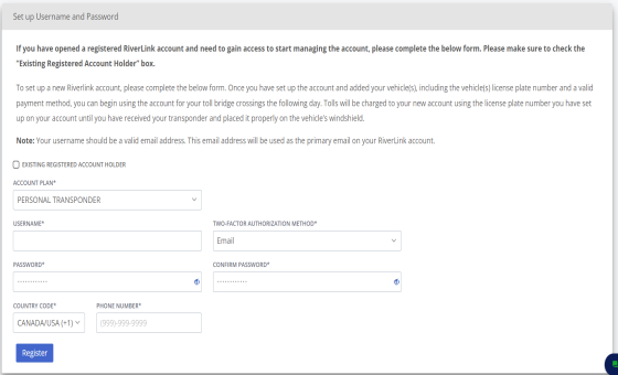Registering New Toll Accounts